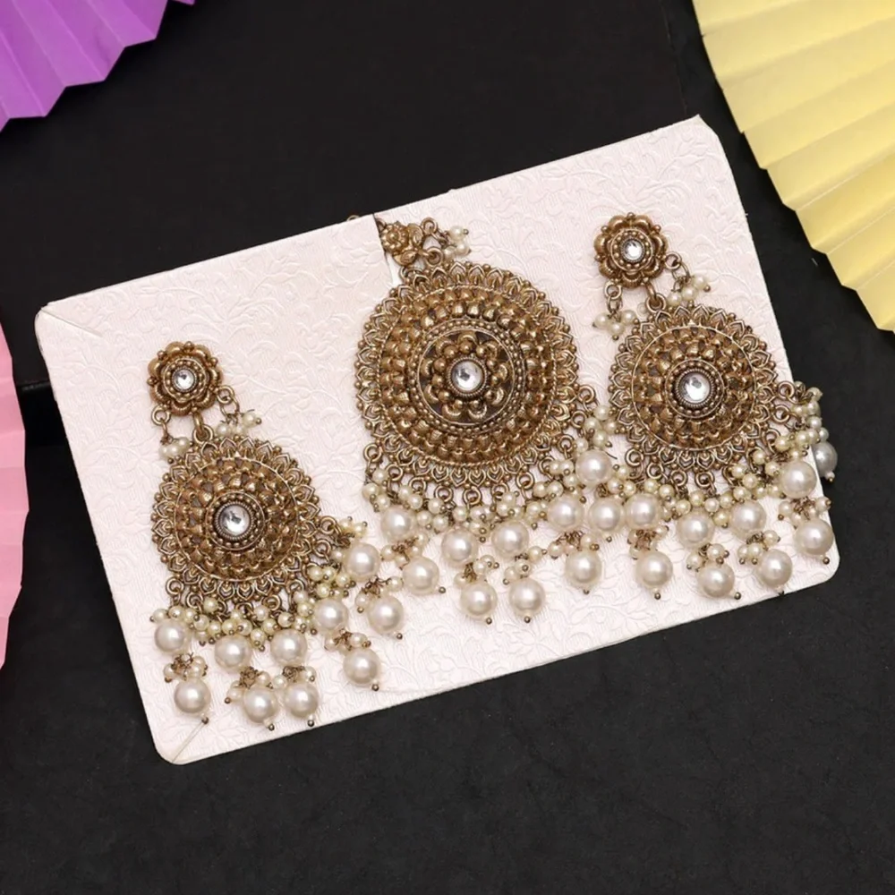 Ethnic Indian Wear | Jewelry | Chandbali Maang Tikka Set Pearl Stone ...
